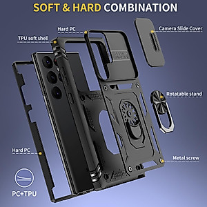 IYTRRYH for Samsung Galaxy S22 Ultra Case with Glass Screen Protector,Built-in Magnetic Kickstand Ring&Camera Cover,Military Grade Drop Rugged Heavy Duty Protection Shockproof Galaxy S22 Ultra Black