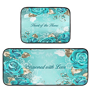 Emelivor Teal Rose Turquoise Kitchen Rugs and Mats Set 2 Piece Non Slip Washable Runner Rug Set of 2 for Kitchen Floor Home Decorative Laundry Hear of Home Seasoned Love