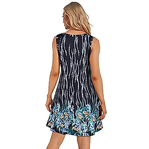 Summer Dresses for Women Beach Floral Tshirt Sundress Sleeveless Pockets Casual Loose Tank Dress(Deep Blue Floral,M)