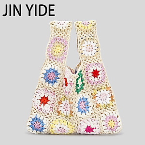 Bohemian Crochet Flower Plaid Women Handbag Handmade Woven Small Tote Casual Summer Beach Bag Braid Bali Purse EN8