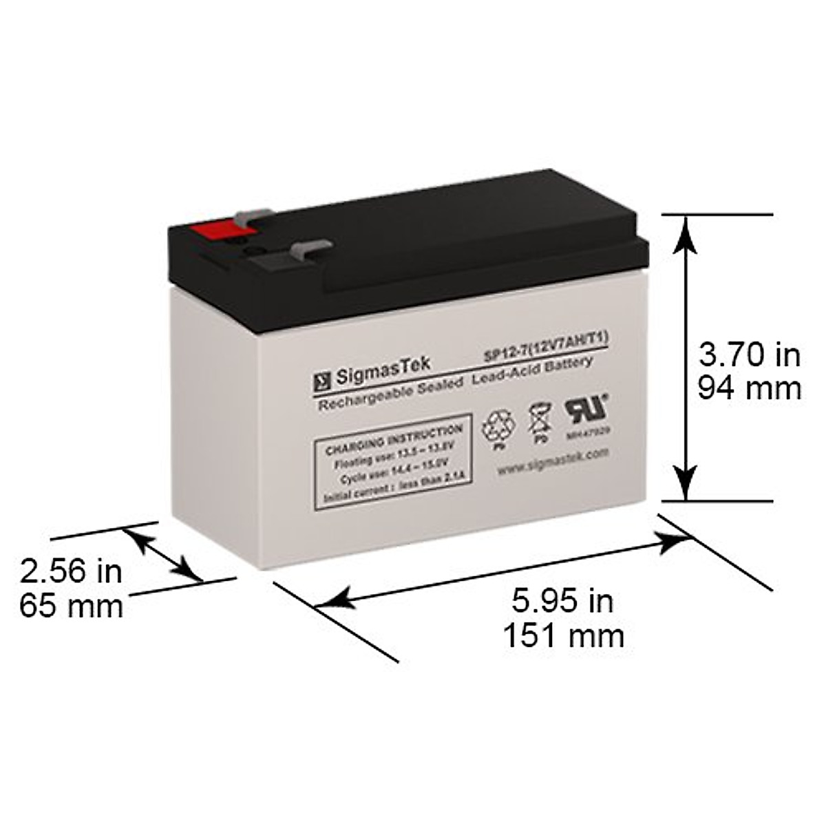 SigmasTek SP12-7 - 12V 7AH F1 SLA Battery - Replaces: Universal Power UB1272 (40760), UB1280 (D5743), UB1270 (40800), Power Sonic PS-1272, PS-1270, Ultratech UT-1280, UT-1270