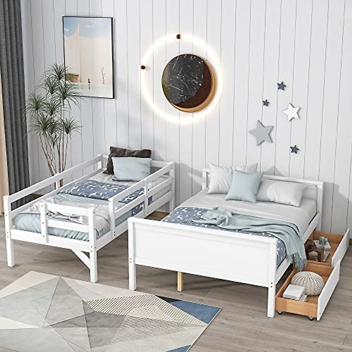 GLORHOME Twin Over Full Bunk Bed,Wooden Bunk Bed, Bunk Bed with Drawers,Slide,Grey