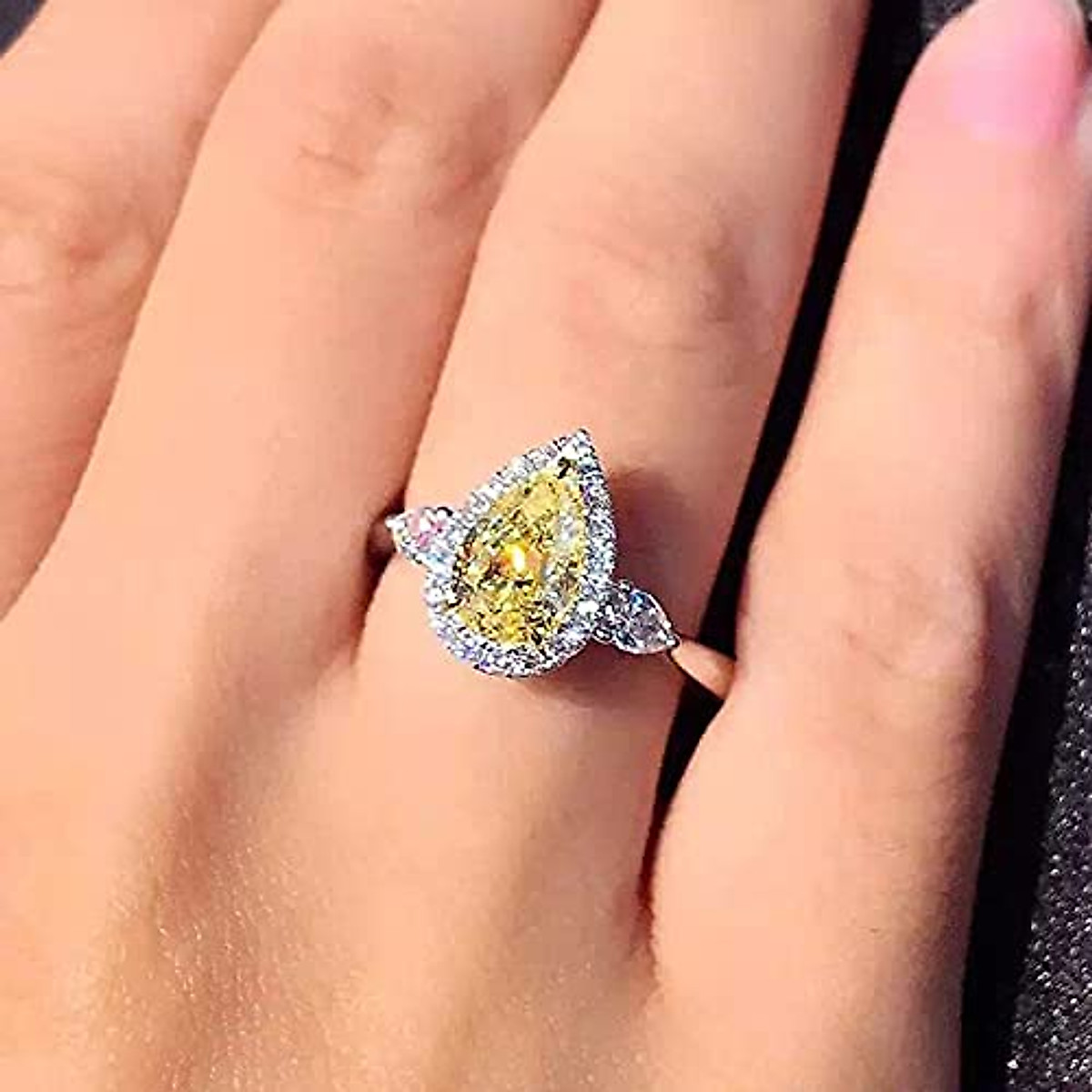 SCHZBSP S925 sterling silver exquisite pear-shaped cut yellow 5A zircon engagement ring inlaid with shiny diamond ring fashion women's water drop ring party prom accessories (8)