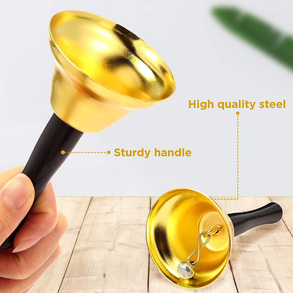 24 Pack Loud Hand Bell Metal Hand Held Bell for Adult Steel Dinner Call Service Wedding Bell with Black Wooden Handle Care for Home Pet Classroom School Church Alarm Food Decor (Gold,2.56'' Wide)
