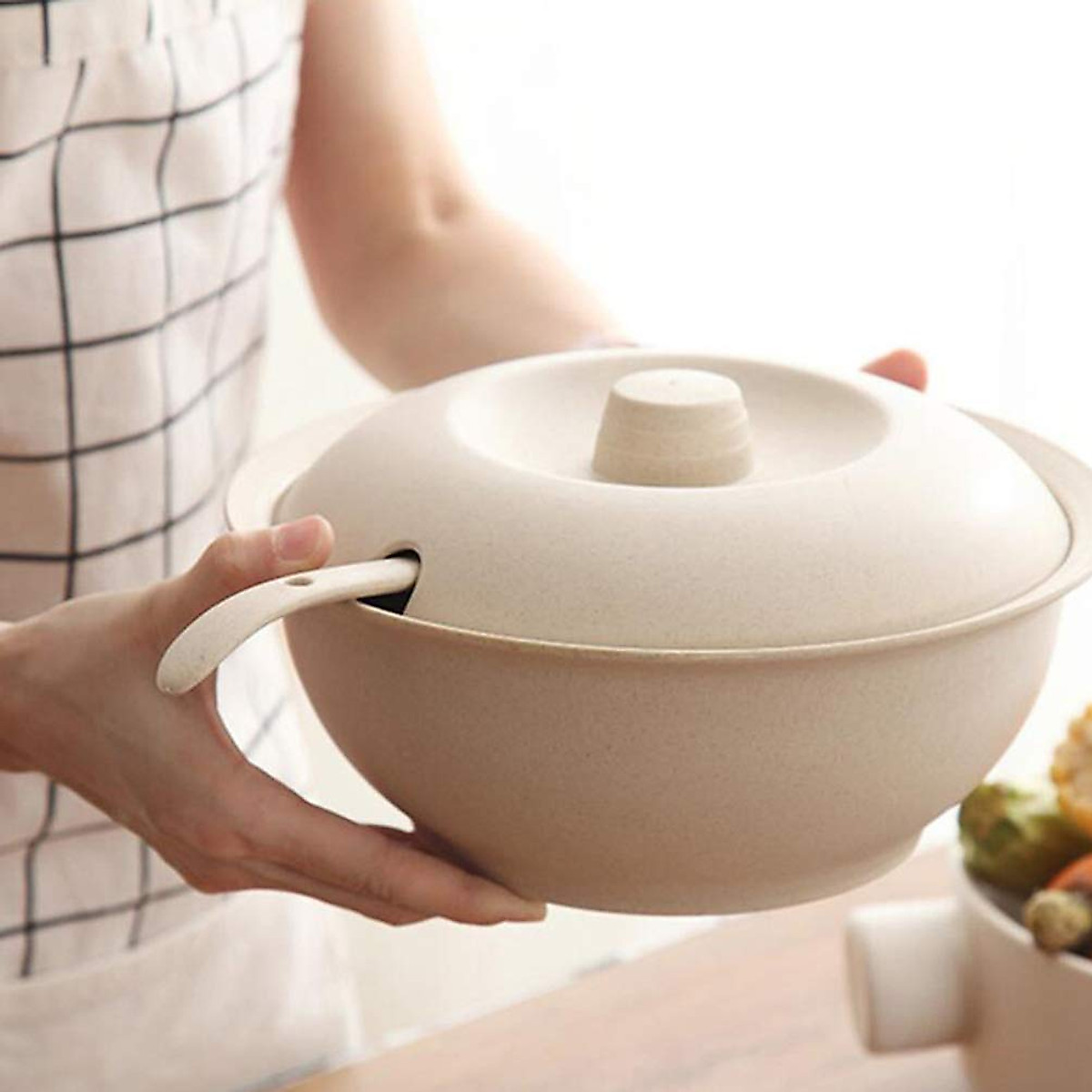 Hemoton Soup Pot Microwave Noodle Bowls Soup Bowl with Spoon Wheat Straw Soup Food Dish Large Meal Food Round Bowl with Lid Cover Salad Dinner Lunch Bowl Tableware Soup Pot Salad Serving Utensils