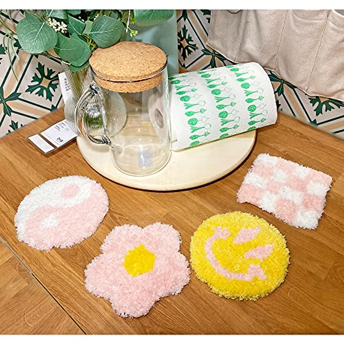 Coasters for Drinks, Handmade Preppy Tufted Pink Pastel Smily Face Rug Cute Aesthetic Home Room Decor Coffee Table Gift 4Pcs