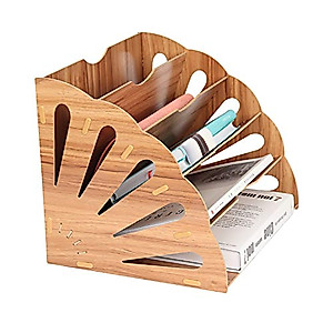 File Folder Holder Wood Organizer 5 Compartment, File Sorter Wood Buckle Design Desktop Fan-Shaped Mail Letter Document Magazine File Assembly Divider DIY Office Tabletop Storage Box (Brown)