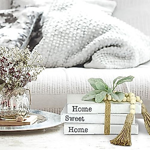 TenXVI Designs Decorative White Books, Set of 3 - Home Sweet Home Stacked Books - Rustic Farmhouse Accent Decor, Entryway Shelf, Mantel and Bedroom Night Stands with Bead/Flower Bundle