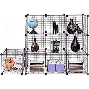 NAFORT 12-Cube Metal Grid Storage Rack, Stackable Free Standing Storage Organizer, DIY Cabinet Bookshelf, Easy to Assemble, 56” L x 14” W x 56” H(Black)