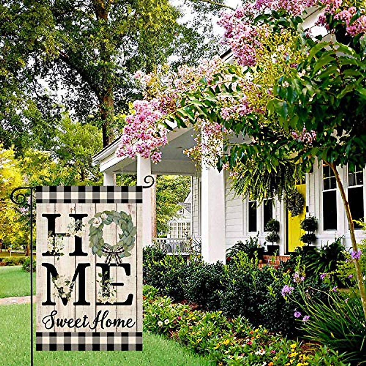 ORTIGIA Home Sweet Home Magnolia Small Garden Flag Burlap Vertical Double Sided Spring Farmhouse Rustic Buffalo Check Plaid Flower Home Decor for Yard Lawn Patio Outdoor