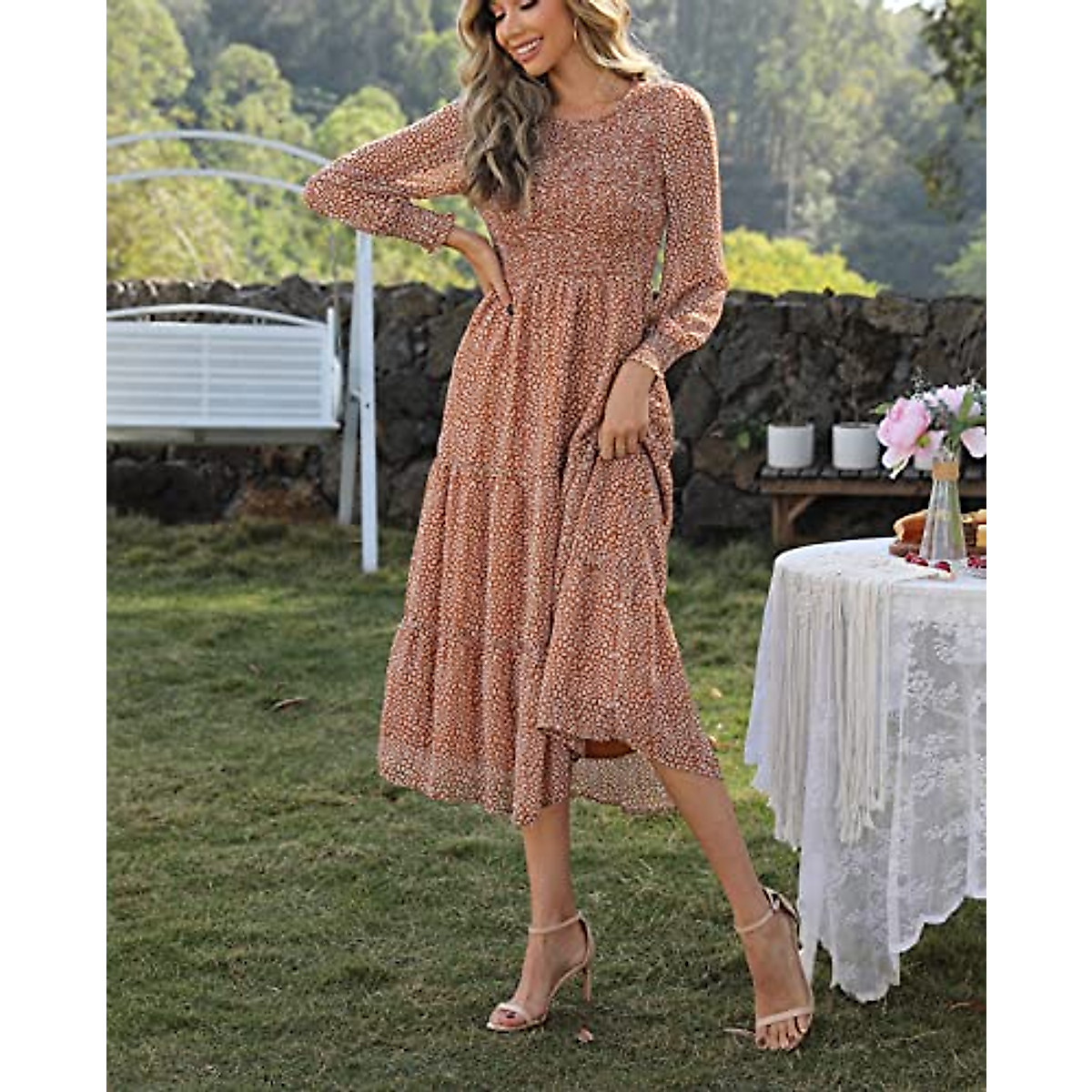 kimralur Womens Casual Long Sleeve Midi Fall Dress Crew Neck Boho Floral Print Smocked Ruffle Tiered Flowy Long Dress