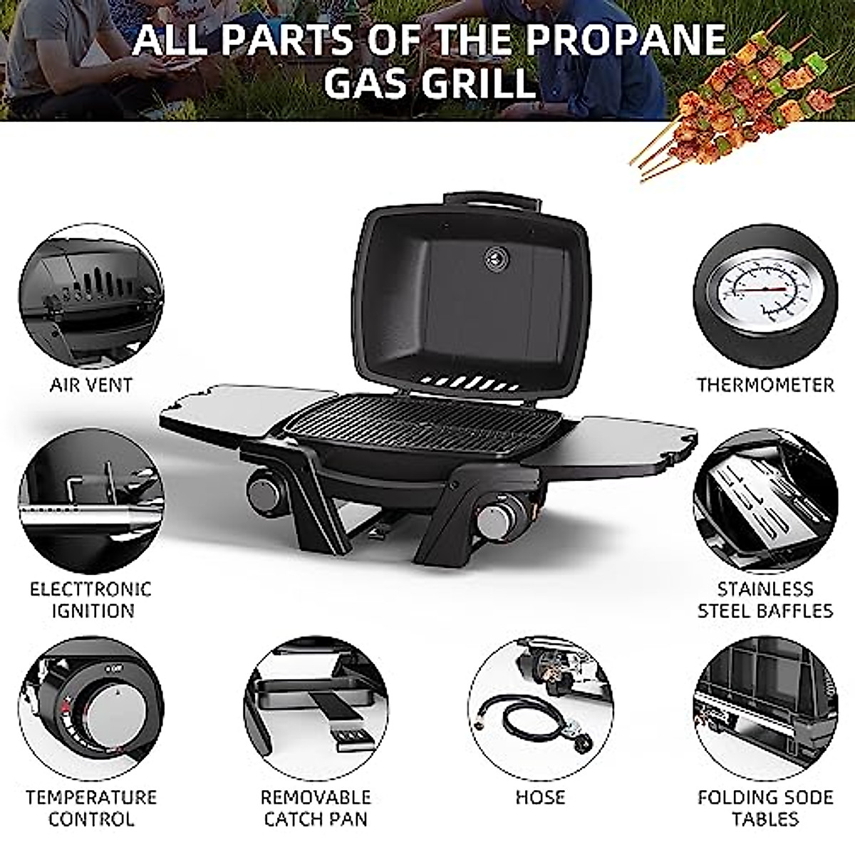 Portable Gas Grill, Portable Propane Grill, Propane Gas Grill, 24,000 BTU Outdoor Tabletop Small BBQ Grill with Two Burners, Removable Side Tables, Gas Hose and Regulator, Built in Thermometer, Black