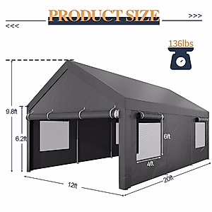 Shintenchi 12x18.5ft Heavy Duty Carport, Portable Garage with Removable Sidewalls, Doors and Ventilated Windows, All-Season Tarp for Car, UV Resistant Waterproof Carport Canopy (Grey)