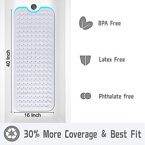 Yimobra Original Bathtub Mat Non Slip, Extra Long Bath Mat for Tub with Big Suction Cups and Drain Holes, Machine Washable Tub Shower Mats for Bathroom 16 x 40 Inches, Phthalate Latex Free, White