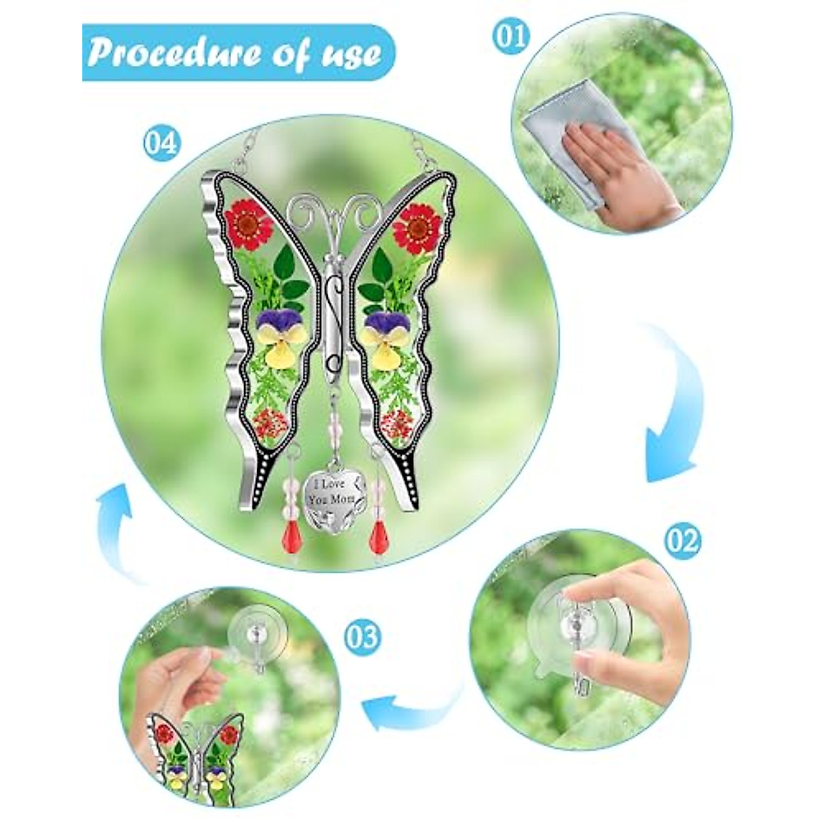 KY&BOSAM Butterfly Suncatcher Mother`s Day Gift I Love You Mom Stained Glass Suncatchers Hanging Ornament for Window Wind Chime Gifts for Mother`s Day Valentine`s Birthday Christmas Dream Catchers