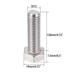 2 Pcs M12 Hex Bolt M12-1.75 x 120mm UNC Hex Head Screw Bolts A2-70(304) Stainless Steel Fully Threaded Hex Tap Bolts (304 ss;M12 x 120mm)