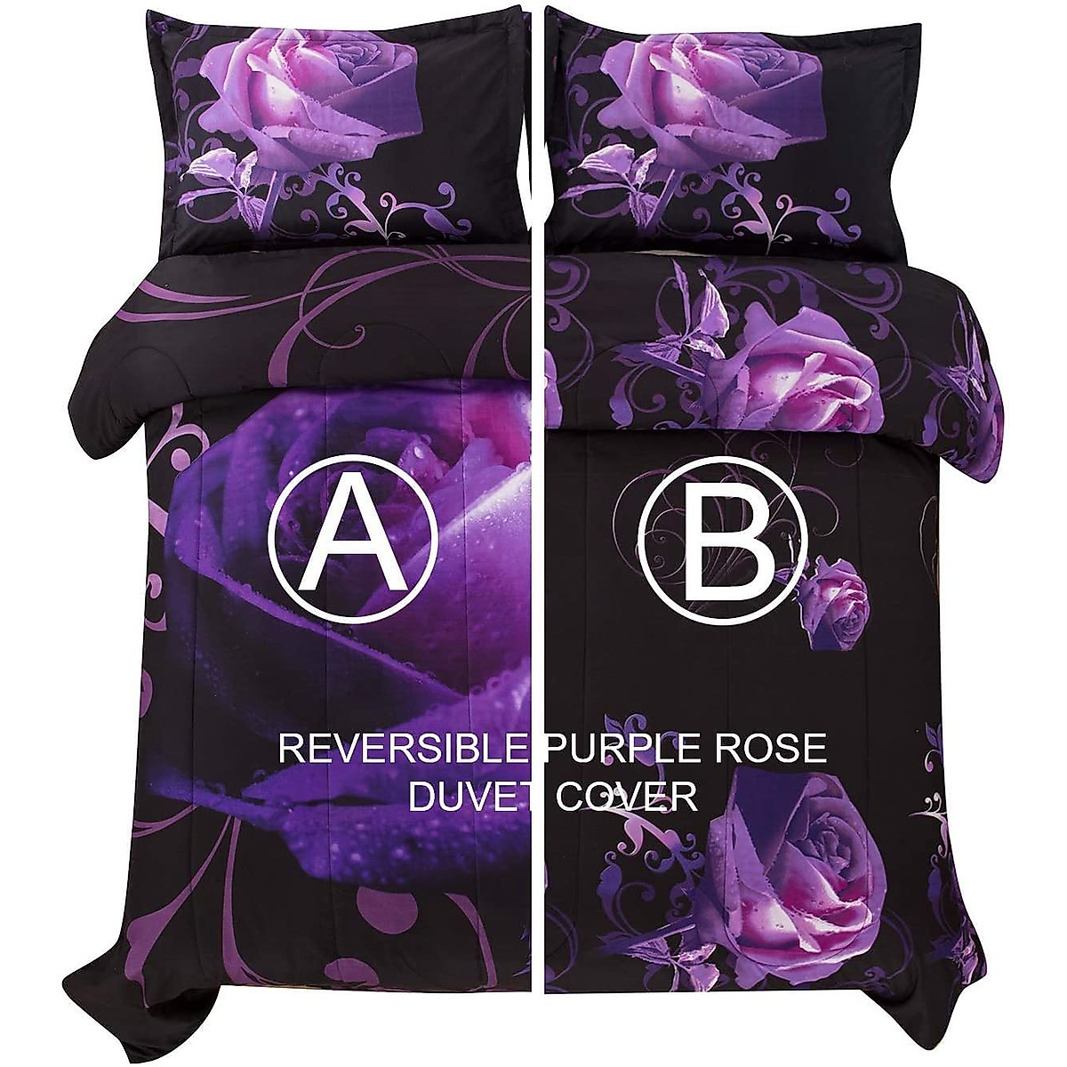WONGS BEDDING Duvet Cover Set King, 3 Pieces Valentine's Day Bedding Set with 2 Pillowcases, Purple Rose Gifts for Gril Duvet Cover King 90"x104"