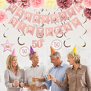 Rose Gold 50th Birthday Party Decorations , Rose gold Glittery Happy 50th Birthday Banner,Poms,Sparkling Hanging Swirls Kit for 50th Birthday Party Supplies