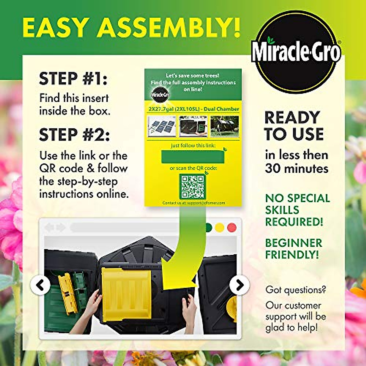 Miracle-Gro Large Dual Chamber Compost Tumbler – Easy-Turn, Fast-Working System – All-Season, Heavy-Duty, High Volume Composter with 2 Sliding Doors - (2 – 27.7gallon /105 Liter), Black