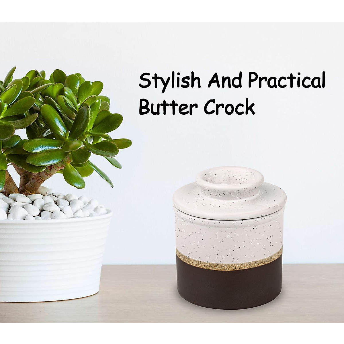 Ceramic Butter Crock For Counter With Water Line White Brown Butter Keeper French Butter Dish Porcelain Butter Holder With Water Line Butter Cup