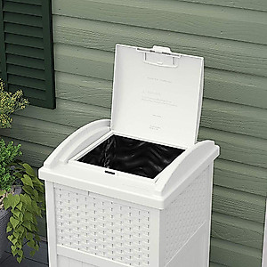 Suncast 33 Gallon Durable Plastic Hideaway Outdoor Garbage Can Trash Bin with Lid and Wicker Design for Backyard, Deck, or Patio, White