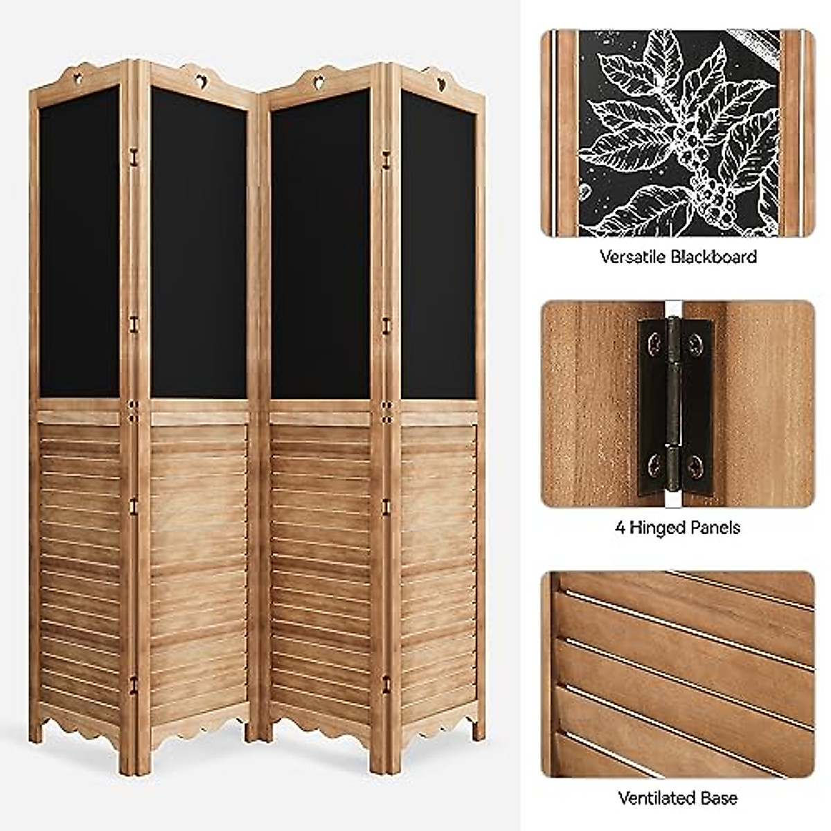 YITAHOME Wood Room Divider 4 Panel Folding Privacy Screens with Chalkboard, Freestanding Portable Privacy Screen Room Partition for Bedroom, Living Room, Study, Hotel, Office