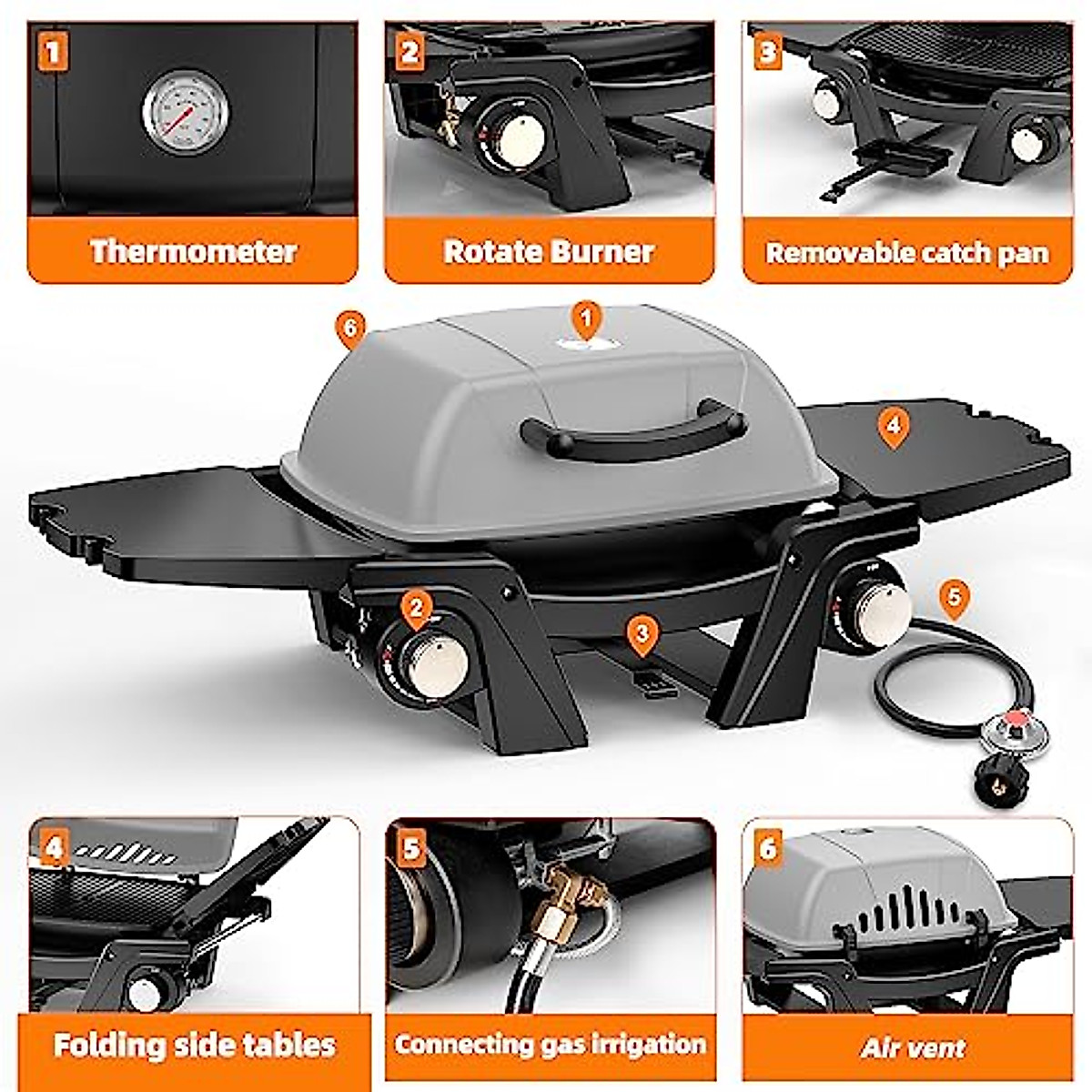 Ooiior Portable Gas Grill, Small Gas Grills Propane, Tabletop Gas Grill Outdoor Camping Grill BBQ Grill 24000 BTU with 2 Burners, Removable Side Tables, Built in Thermometer, Grey