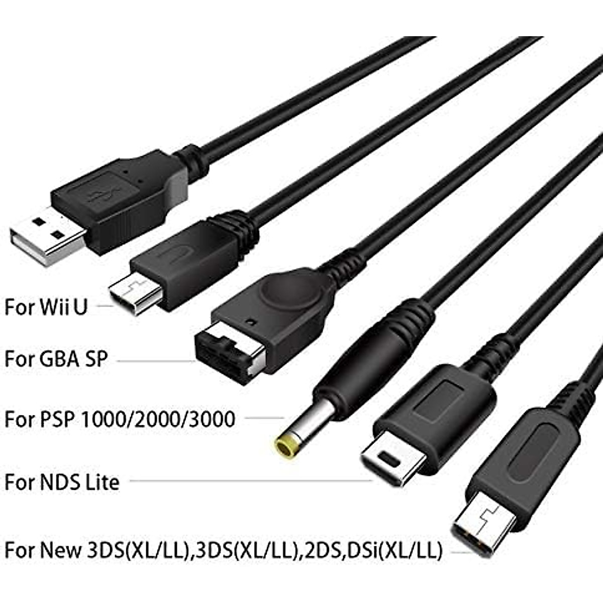 ＲＵＥＩＵＲＩ 2 Pack 5 in 1 USB Charger Cable for DS Lite/Wii U/New 3DS XL,3DS XL,2DS,Dsi XL,NDS/GBA SP(Gameboy Advance sp),PSP 1000 2000 3000