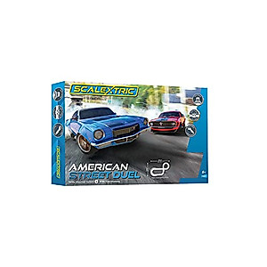 Scalextric American Street Duel 1970's Camaro vs. Mustang 1:32 Slot Car Race Track Set C1429T, Blue & Red