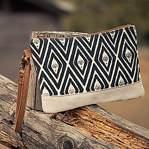 Women's Wristlet Clutch Slim Wallet Bag in Canvas & Cowhide Leather, Handmade Envelope Zipper Purse Handbag Pouch Bag with Nice Printing Pattern Vintage Style