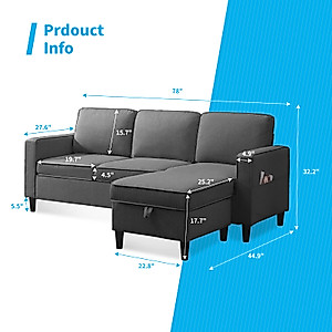 Mjkone 78“ Sectional Sofa Couch for Living Room | Convertible Linen Sofa Chaise with Reversible Storage Ottoman | Modern Modular Sofa with 2 Side Pockets | Small Sofa for Small Places (Dark Grey)