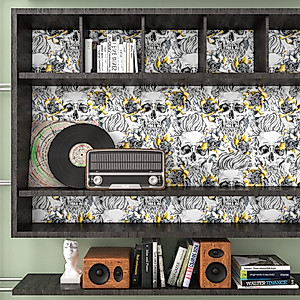 STICKEEP Skull Floral Wallpaper Stick and Peel Boho Gold Floral Peel and Stick Wallpaper for Bedroom Bathroom Wall Paper Black White Floal Contact Paper for Cabinets Self Adhesive Vinyl Roll 24”x118”