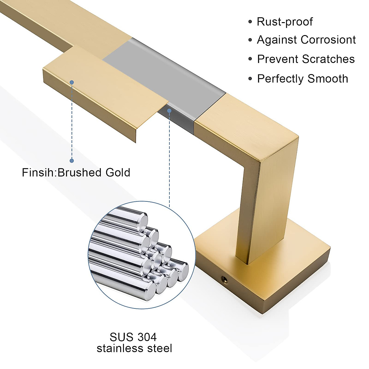 TURS Brushed Gold Single Towel Bar Stainless Steel Bathroom Towel Holder Rail Wall Mounted Towel Rack