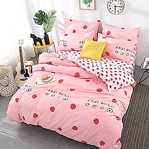 Kimko Girls Strawberry Bedding Set- Teens Reversible Red Strawberry Pattern & Pink Cover,Breathable (4Pcs -1 Duvet Cover Set + 1 Flat Sheet + 2 Pillowcases) (Full, # Strawberry)