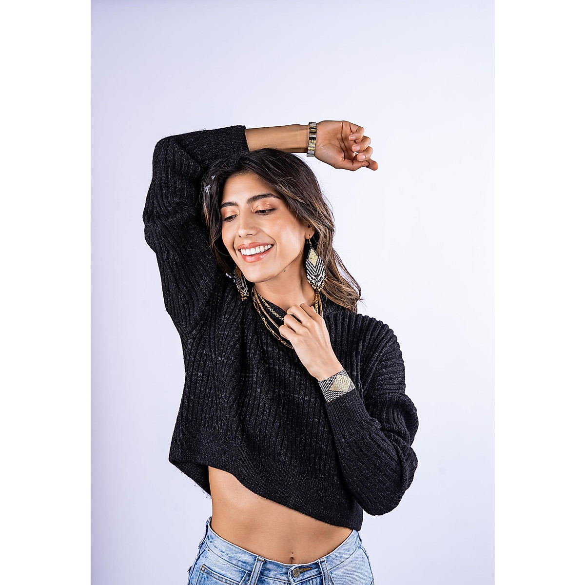 INK + ALLOY Beaded Boho Earrings for Women Dangling, Dottie Luxe Seed Bead Fringe Statement Art Deco Chandelier Earrings, Handmade Jewelry for the Modern Bohemian, 3.5-Inch Length (Black and Gold)