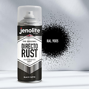 JENOLITE Directorust Satin Spray Paint | BLACK | 400ml (13.52fl oz) | Semi-Gloss Spray Paint | Wood, Metal, Plastic, Ceramic & Rusted Surfaces | Interior & Exterior Use | RAL 9005