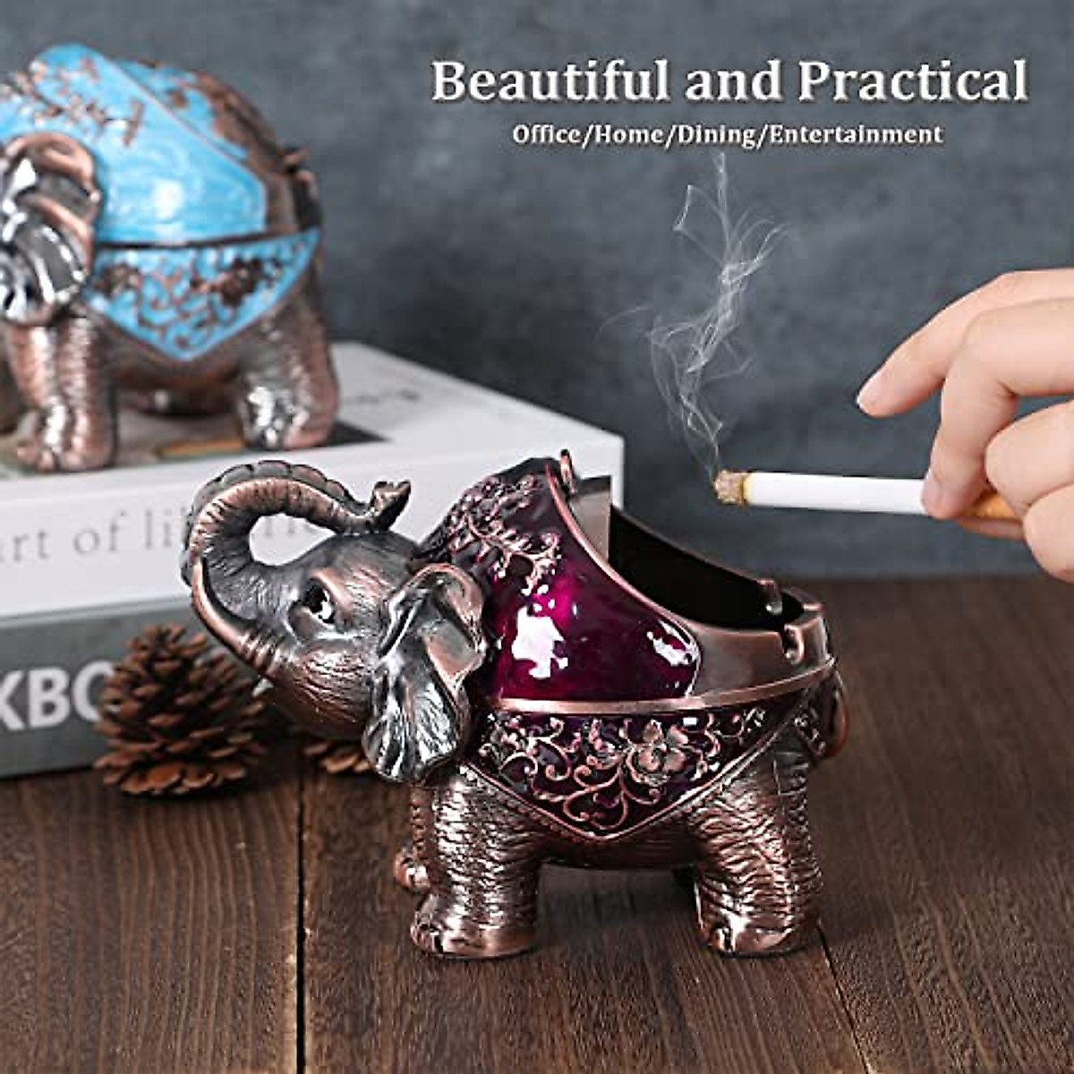 SogYupk Elephant Ashtray-Outdoor Windproof Metal Ashtray with Flip Cover-Indoor Multifunctional Recreation/Office Ashtray, Vintage Drop Resistant Ashtray,Men and Ladies Gift (Purple)