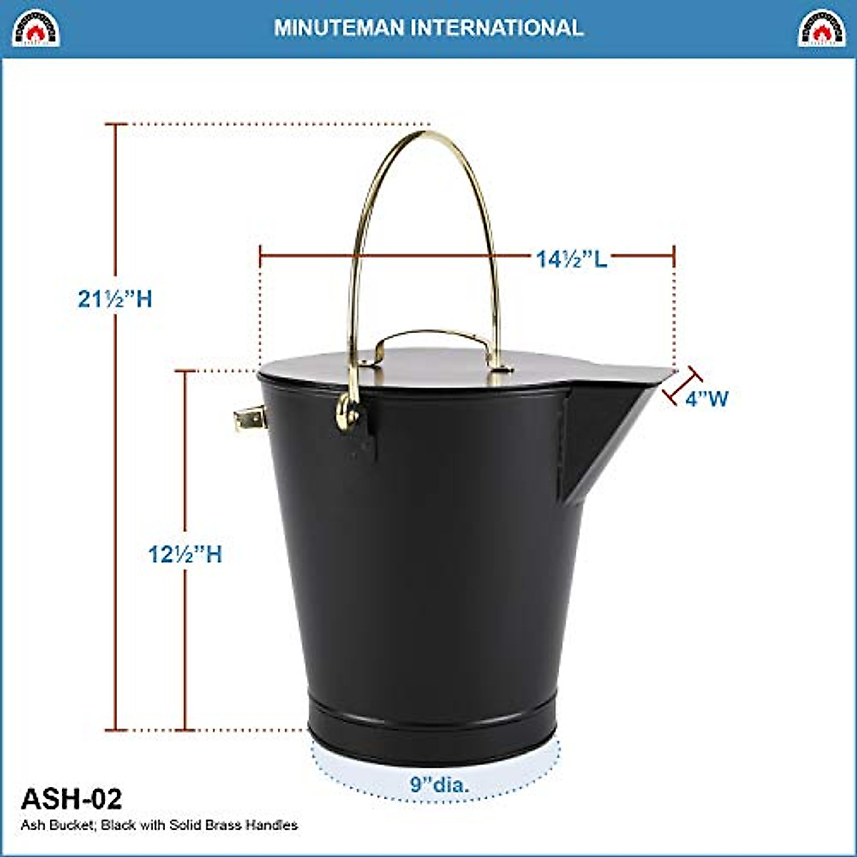 Minuteman International Fireplace Ash Can Bucket Pail, Black with Polished Brass