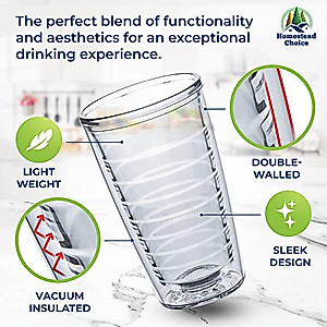 Insulated Drinking Glasses 16oz 4-pack - Made in USA Great for Iced Coffee & Hot Drinks, Clear Double Wall Plastic Tumbler Cups, Microwave, Freezer & Top Rack Dishwasher Safe Reusable Cups