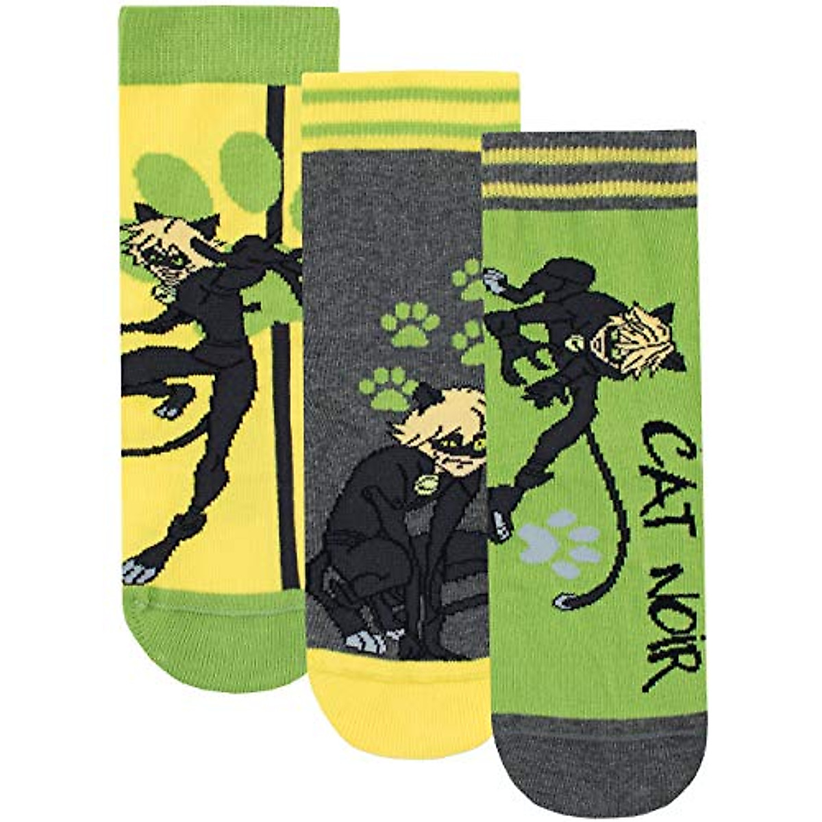 Miraculous Ladybug Boys' Cat Noir Socks Pack of 3 Size 5 to 8 Multicolored