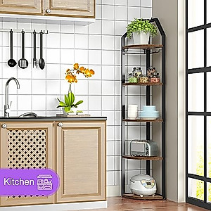 SAUCE ZHAN 70 Inch Rustic Corner Shelf 5 Tier Tall Corner Bookshelf with Storage Industrial Corner Shelf Stand with Goblet Holder Wooden Bookcase for Living Room, Kitchen, Small Space - Brown