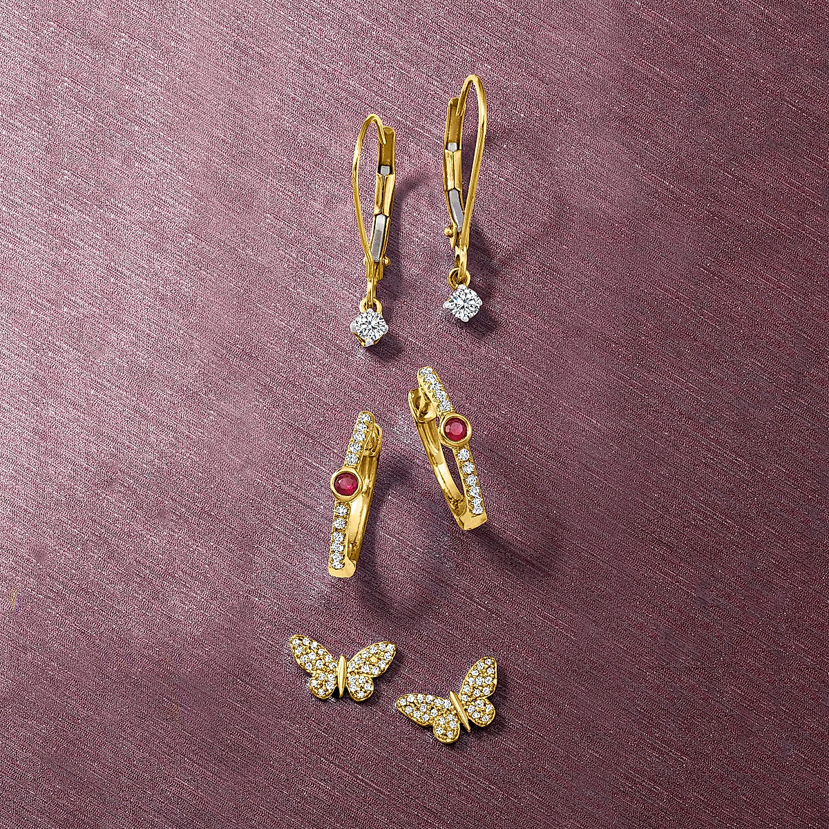 RS Pure by Ross-Simons Ruby and Diamond-Accented Huggie Hoop Earrings in 14kt Yellow Gold