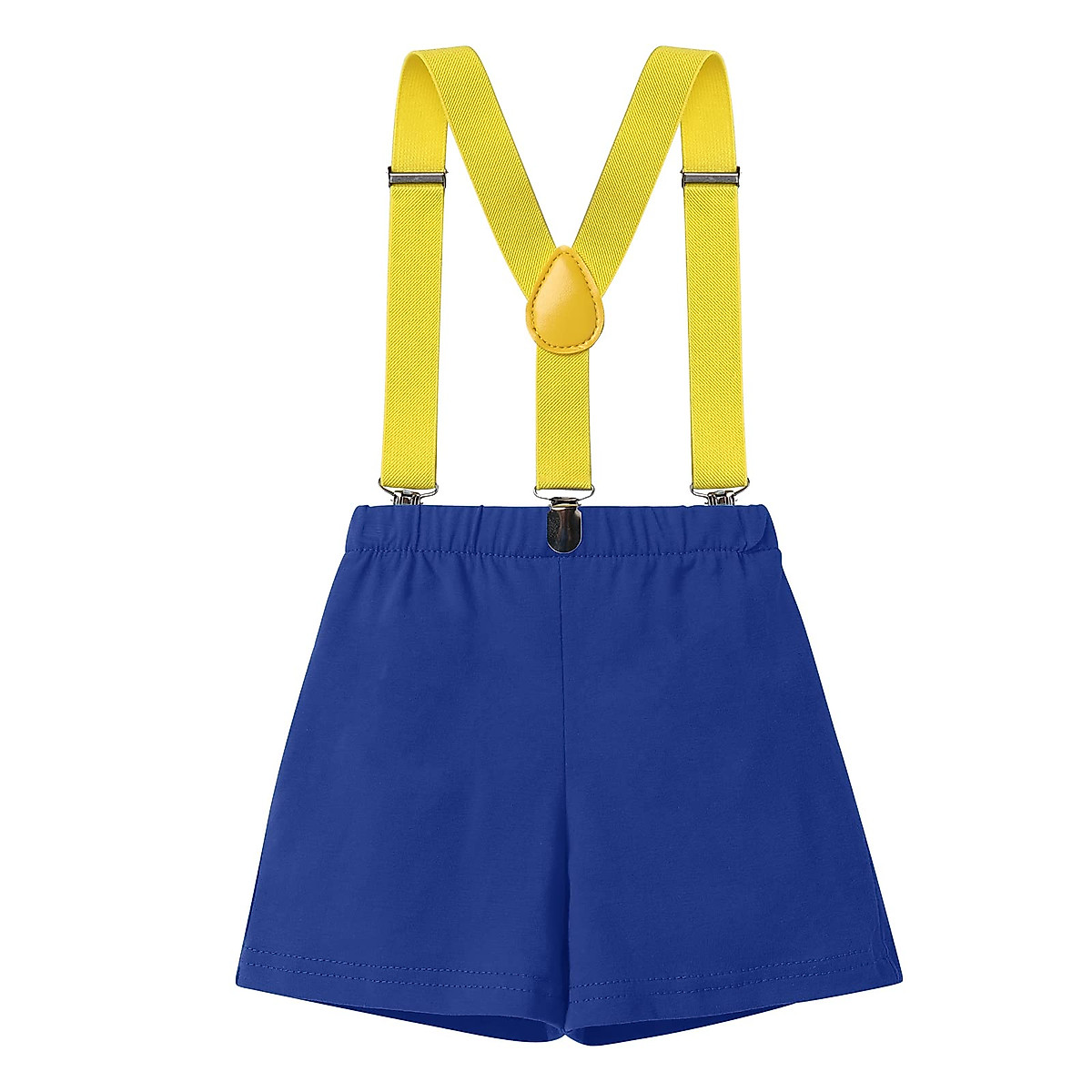 1st First Birthday Outfit Baby Boy Cake Smash One Year Old Party Newborn Toddler Bow Tie Cotton Short Sleeve Romper Shorts Pants Y-back Suspenders 3PCS Clothes Set Photo Shoot Royal Blue 12-18 Months