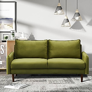 INSTORY Velvet Sofa Mid-Century Modern Couch with Wooden Legs for Living Room - Army Green