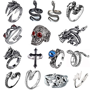 LAKIYOYO 15Pcs Vintage Punk Rings for Men Adjustable Snake Ring Dragon Rings Gothic Knuckle Stacking Finger Rings Jewelry Set