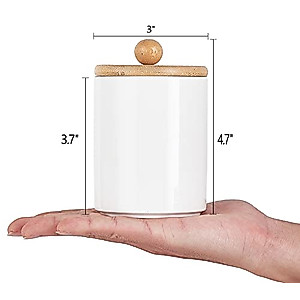 Mkono 4 Pack Qtip Holder Dispenser with Bamboo Lids, Ceramic Apothecary Jars for Bathroom Storage Canister, Vanity Makeup Organizer, Bathroom Accessories Set for Cotton Balls, Swabs, Pads, Floss