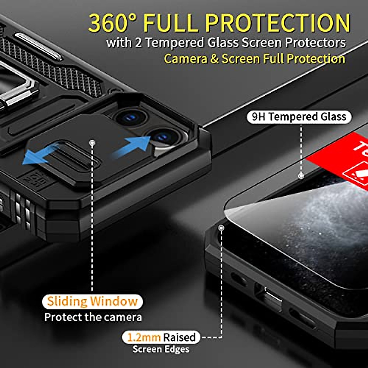 FRLMOOES for iPhone 11 Pro Case with 2 Glass Screen Protector,iPhone 11Pro Kickstand Case with Slide Camera Cover& 360°Magnetic Ring Shockproof Military Grade Drop Heavy Duty Protection Men 5.8‘’black