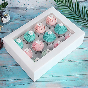 ONE MORE 15-Pack White Cupcake Boxes 12 Holders Cake Carrier Food Grade Pop-up Bakery Boxes 13.8 x 9.5 x 4inch with Inserts and PVC Windows Fits 12 Cavity Cupcake Pack of 15