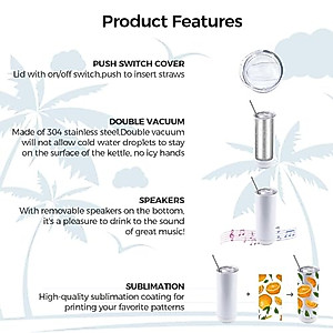 Lilsofee 12 Pack 20 OZ Sublimation Blank Tumblers Bulk Stainless Steels Double Vacuum Bluetooth Speaker Music Insulated Tumbler with Lid and Straw Heat Transfer Cup Multicolor