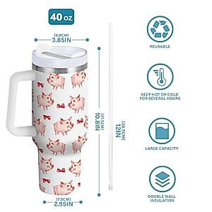 Bseiialft 40 oz Tumbler with Handle Cute Pig Bows Water Bottle with Lid and Straw Vacuum Insulated Cup Stainless Steel Travel Coffee Mug for Home Office Car